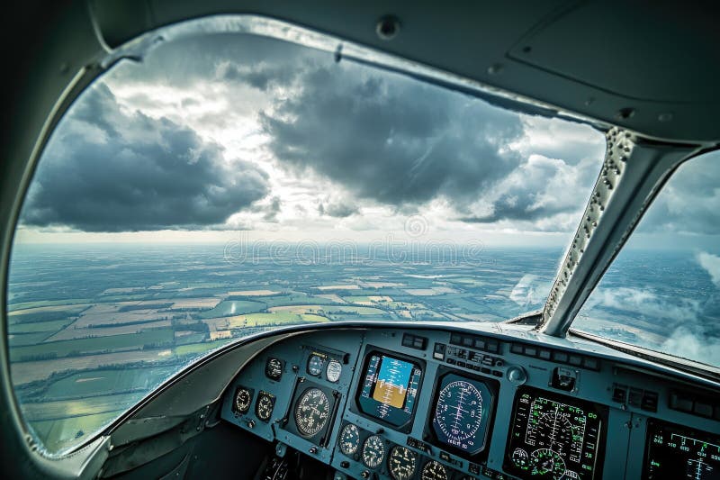 Cockpit View of a Plane Over Rolling Hills and Fields, Ideal for ...