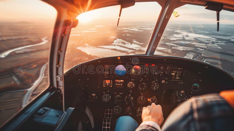 Cockpit View of a Small Plane during Sunset Stock Illustration ...