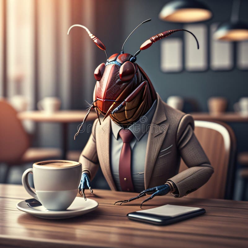 A Cockroach in an Austere Suit Drinking Coffee in a Cafe Stock ...