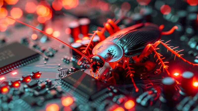 Cockroach Climbing on the Integrated Circuit. Concept of Computer Bug ...