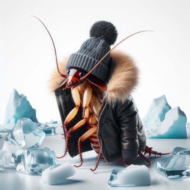 Cockroach Dressed in Jacket and Hat in the Cold among the Ice. Stock ...