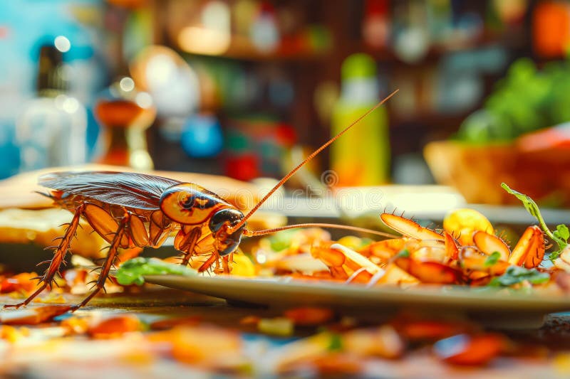 Cockroach on Kitchen Table with Food Leftovers. Pest Control Concept ...