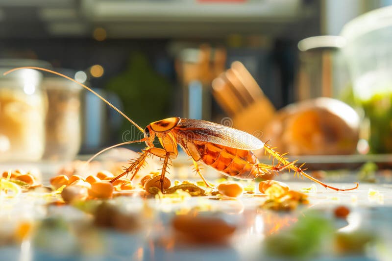 Cockroach on Kitchen Table with Food Leftovers. Pest Control Concept ...