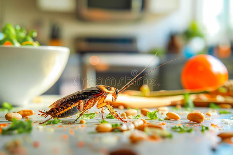 Cockroach on Kitchen Table with Food Leftovers. Pest Control Concept ...