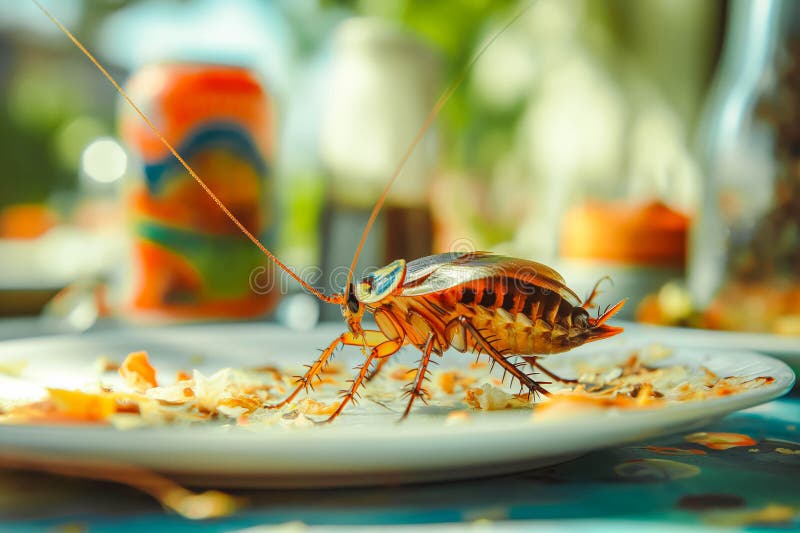 Cockroach on Kitchen Table with Food Leftovers. Pest Control Concept ...