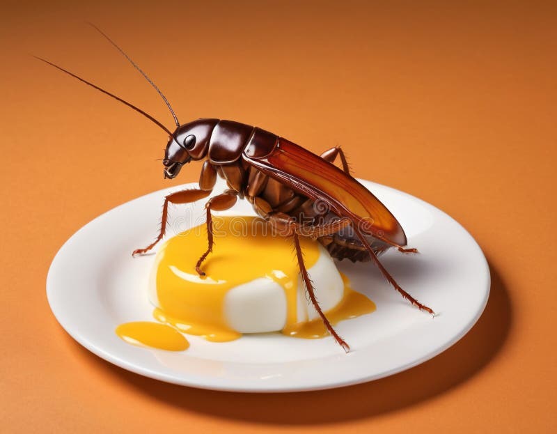 A Cockroach Sits on a Plate with an Egg and Two Sausages Stock ...