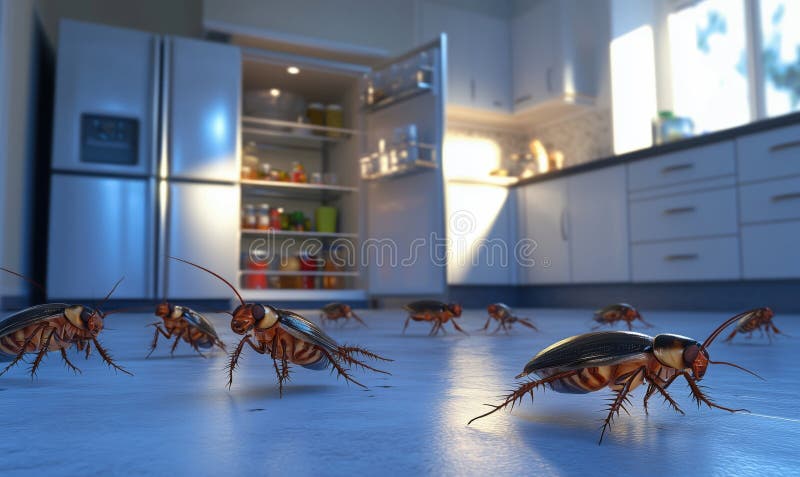 Cockroaches Infesting Kitchen Floor Near Open Refrigerator and Bright ...