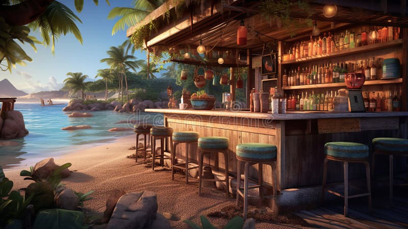 Cocktail Bar at a Tropical Beach. Generative AI. Stock Illustration ...