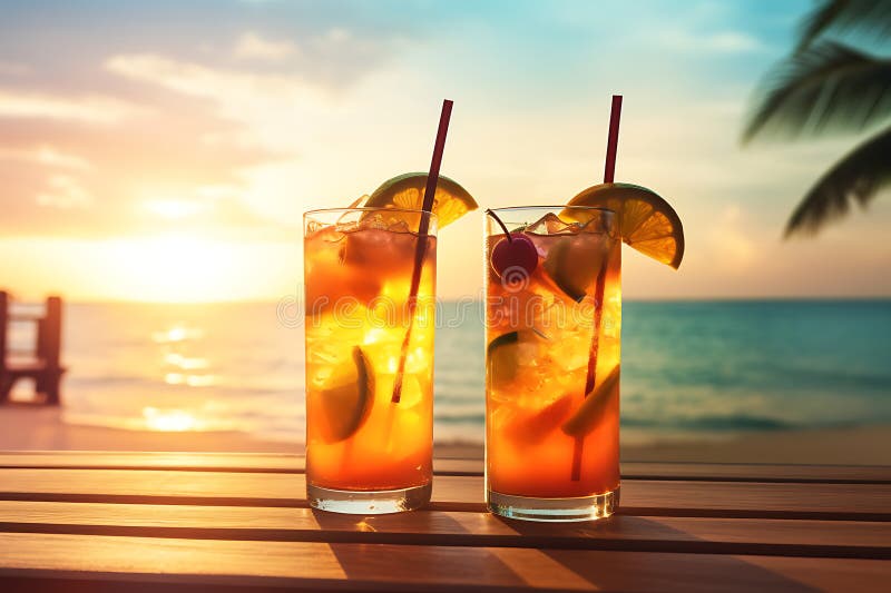 Cocktail on the Beach at Sunset. Summer Vacation Concept Stock ...
