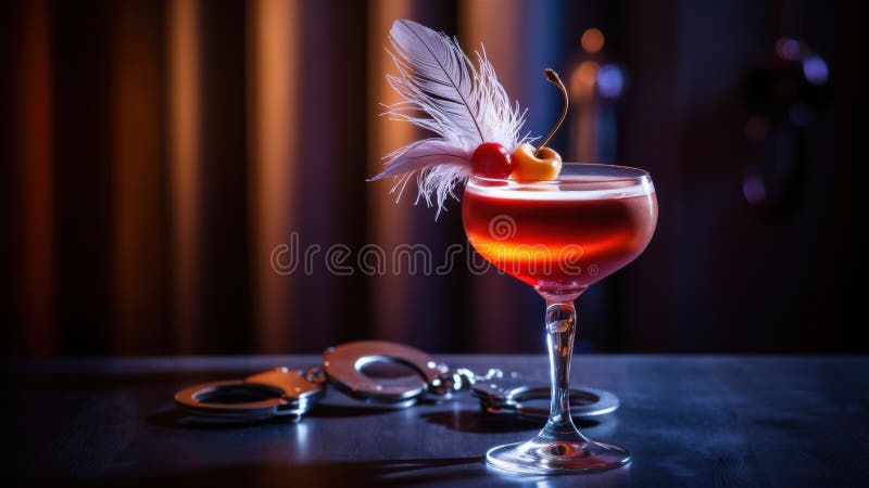 A Cocktail with a Cherry and Handcuffs on the Table, AI Stock Image ...