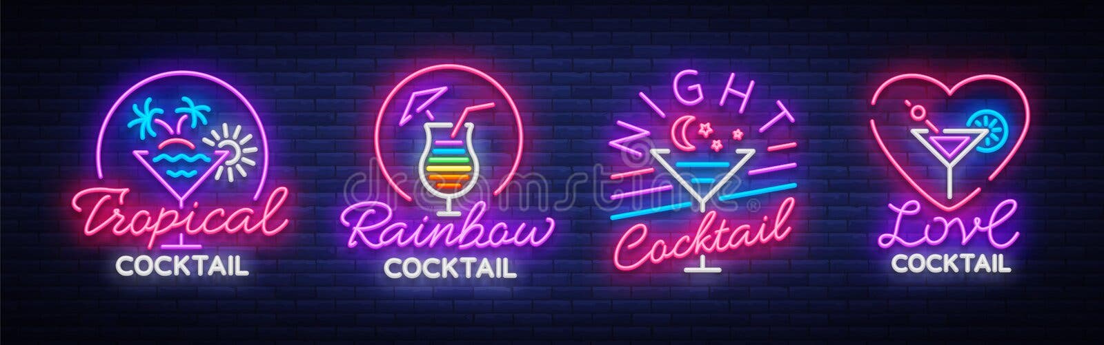 Cocktail Collection Logos In Neon Style Collection Of Neon Signs