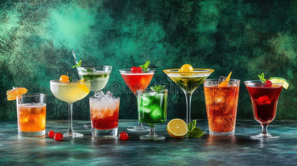 Cocktail Colors: a Vibrant Array of Refreshing Drinks on a Moody Green ...
