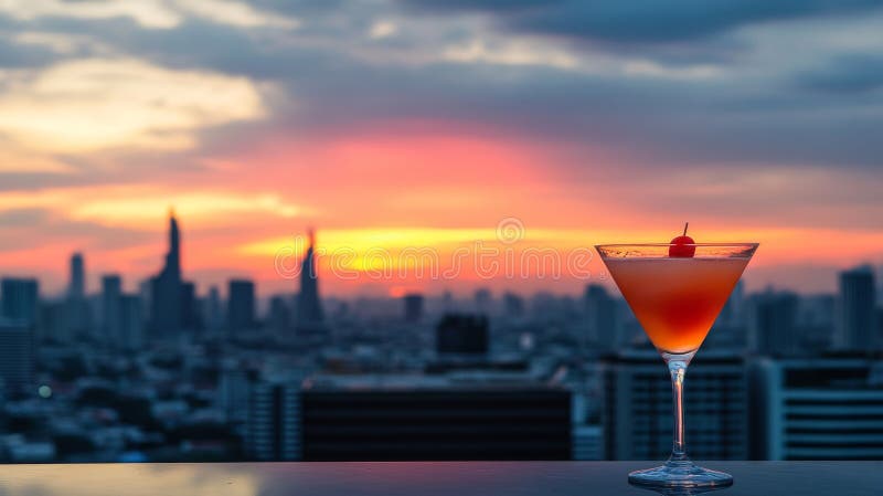 Cocktail at Dusk on a Rooftop Bar, with the City Skyline As the ...
