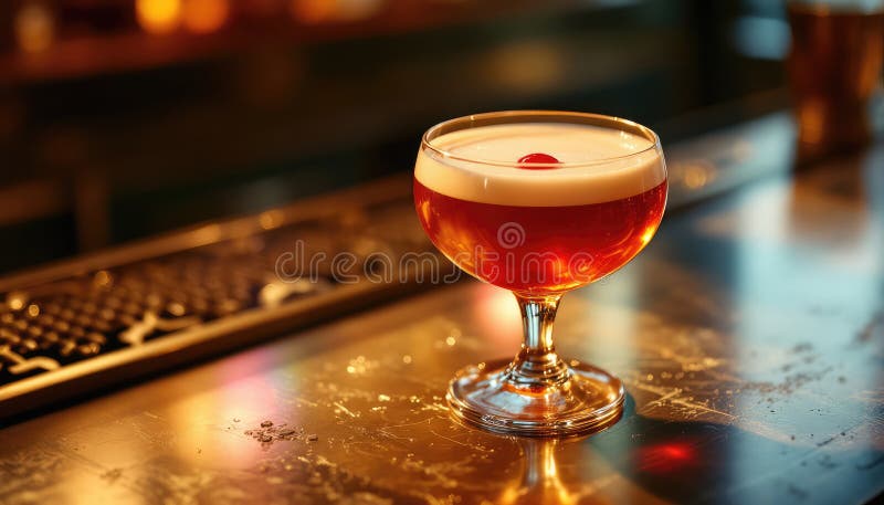 Cocktail in Elegant Glass with Cherry Garnish on Bar Counter in Low ...