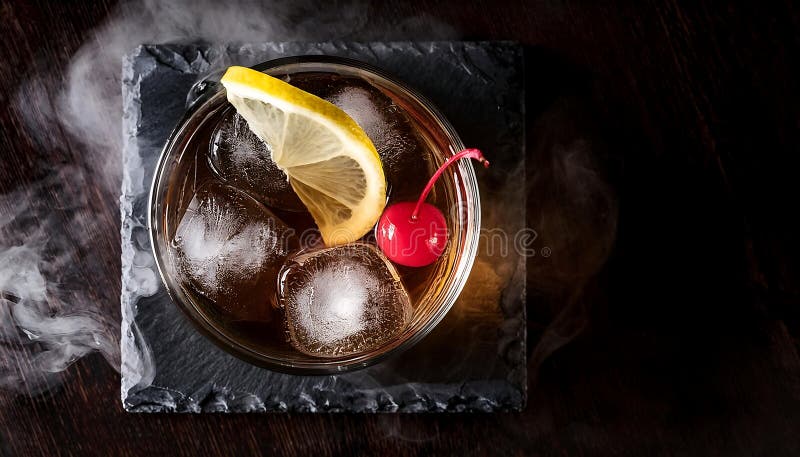 A Top-down View of a Smoky Cocktail with Ice and Garnishes at a Stylish ...