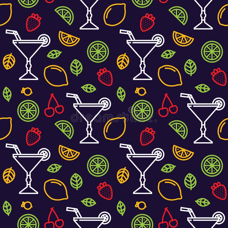 Cocktail, Fruits and Berries Seamless Navy Vector Pattern Stock Vector ...