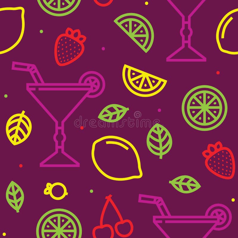 Cocktail, Fruits and Berries Seamless Purple Vector Pattern Stock ...