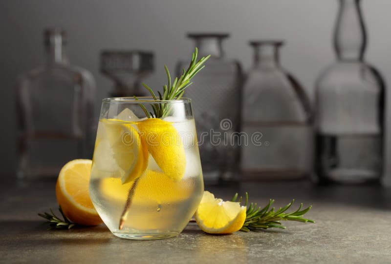 Cocktail Gin Tonic with Ice, Rosemary, and Lemon Stock Image - Image of ...