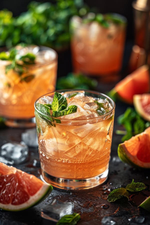 Cocktail with Grapefruit, Mint and Ice on Dark Background, Vertical ...
