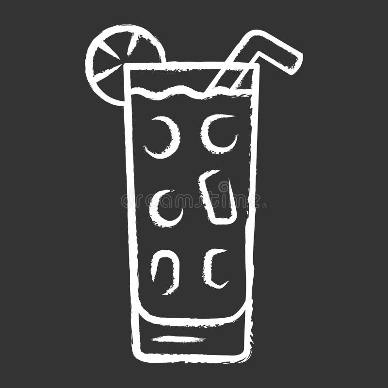 Cocktail In Highball Glass Chalk Icon Summer Icy Refreshing Soft Drink With Slice Of Lemon And