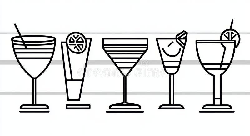 Cocktail Icons with a Simple Outline on a Grey Backdrop. Ideal for Web ...