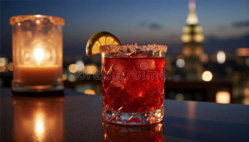 Cocktail with Lime and Salt Rim on a Rooftop at Twilight with City ...