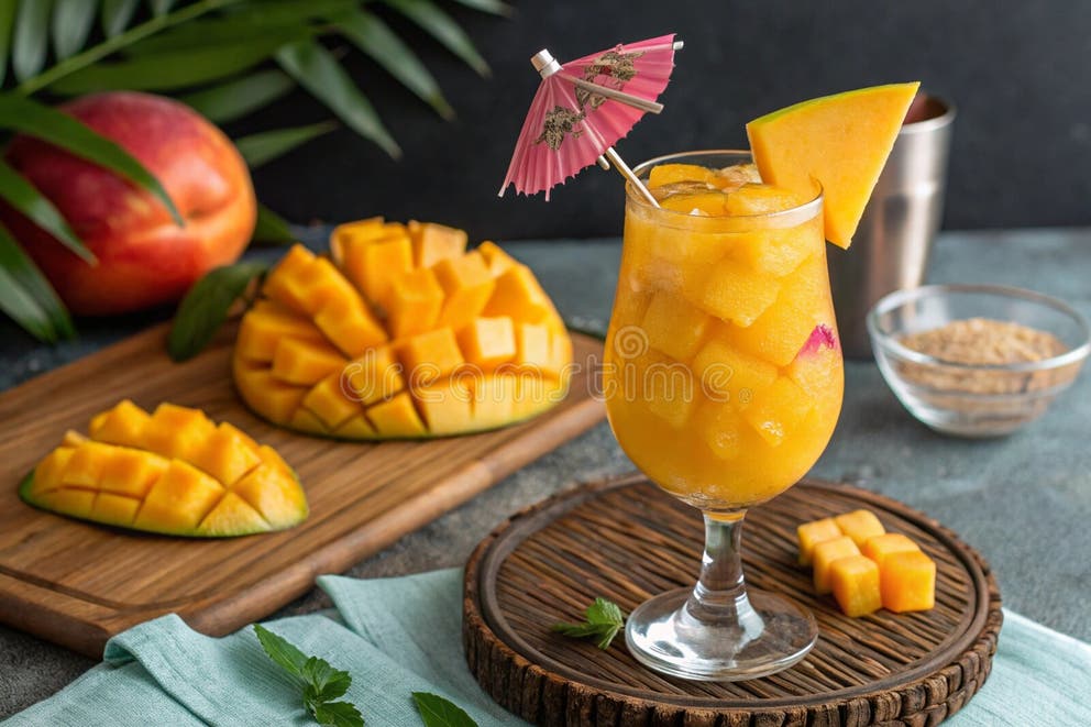 Cocktail with Mango and Ice Cubes Stock Illustration - Illustration of ...
