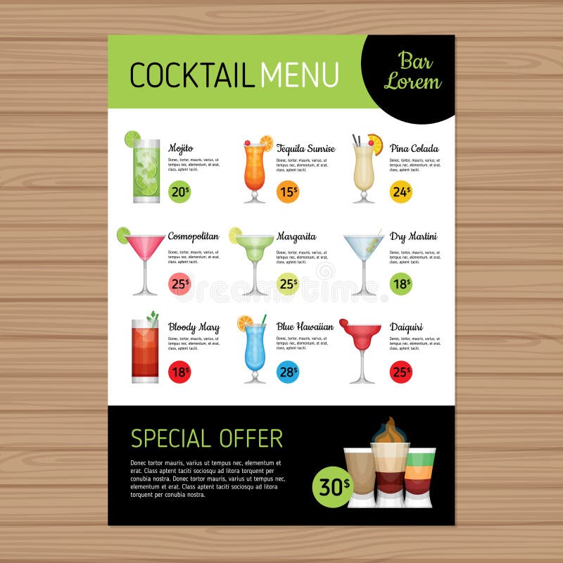 Cocktail Menu Design. Alcohol Drinks Stock Vector - Illustration of ...