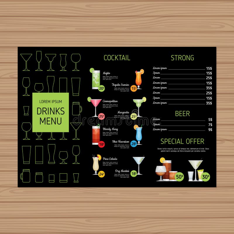 Cocktail Menu Design. Alcohol Drinks Tri-fold Leaflet Layout Template ...