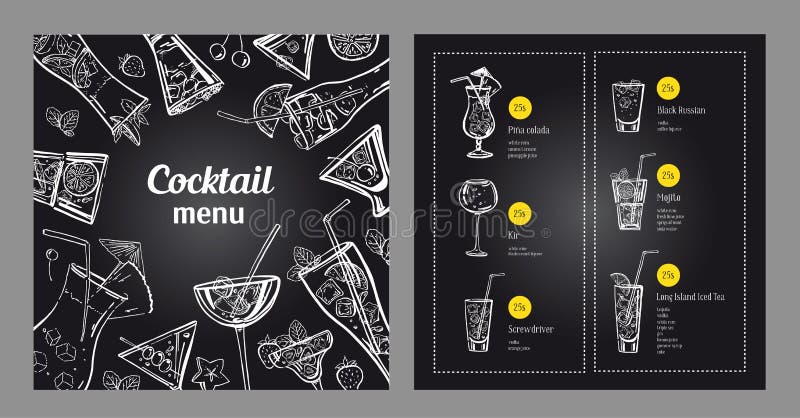 Cocktail Menu Design Template and List of Drinks. Vector Outline Hand ...