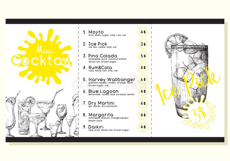 Cocktail Menu in Sketch Style. Vector Illustration. Stock Illustration ...