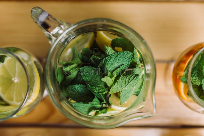 Cocktail with Orange and Mint. Pitcher, Top View Stock Image - Image of ...