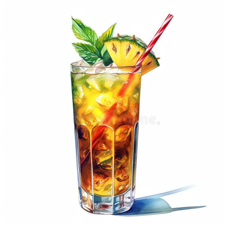 Cocktail with Pineapple, Mint and Ice. Watercolor Illustration Stock ...