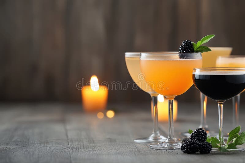 Cocktail Presentation, Colorful Cocktails Arrayed on Rustic Wooden ...