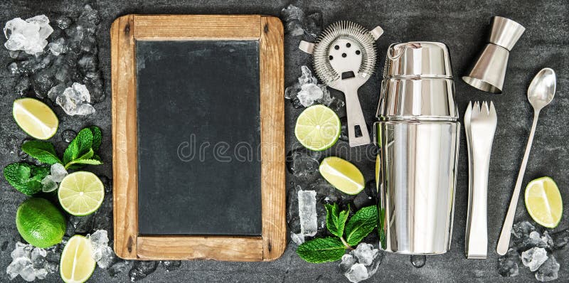 Cocktail Rink Making Tools Lime Mint Leaves Chalkboard Stock Photo ...
