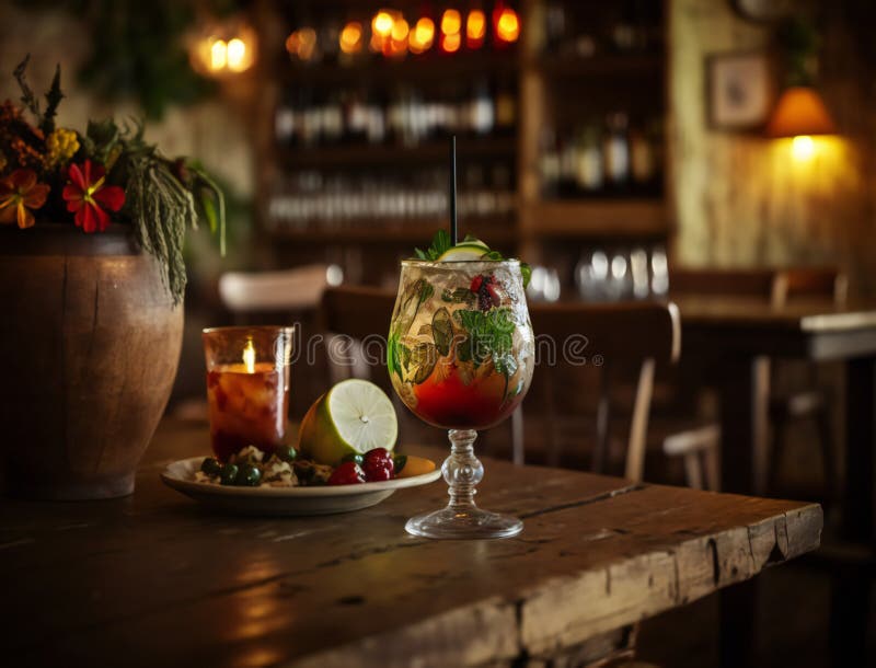 Cocktail on a Rustic Wooden Table in a Bustling Bar, AI Generative ...
