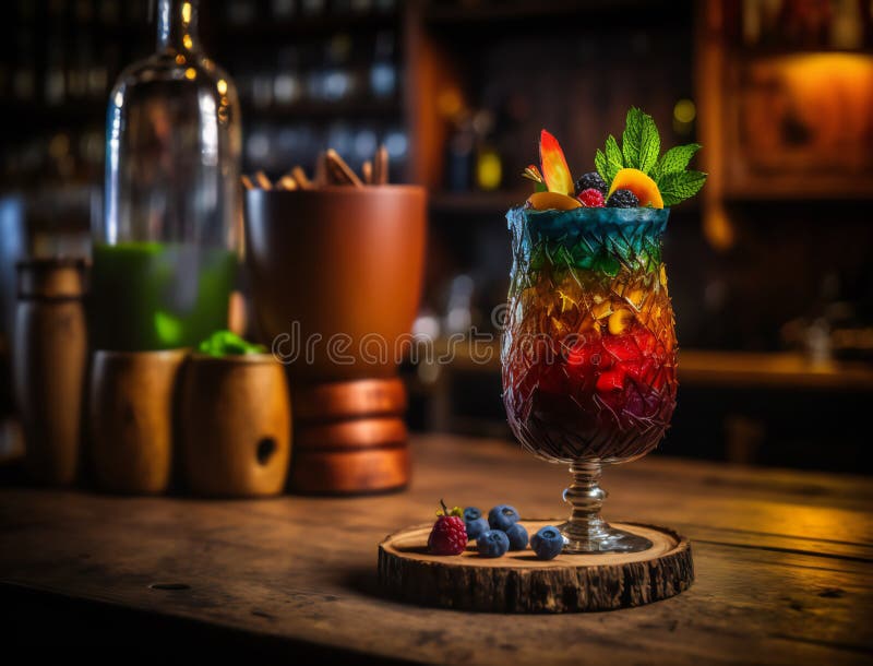 Cocktail on a Rustic Wooden Table in a Bustling Bar, AI Generative ...