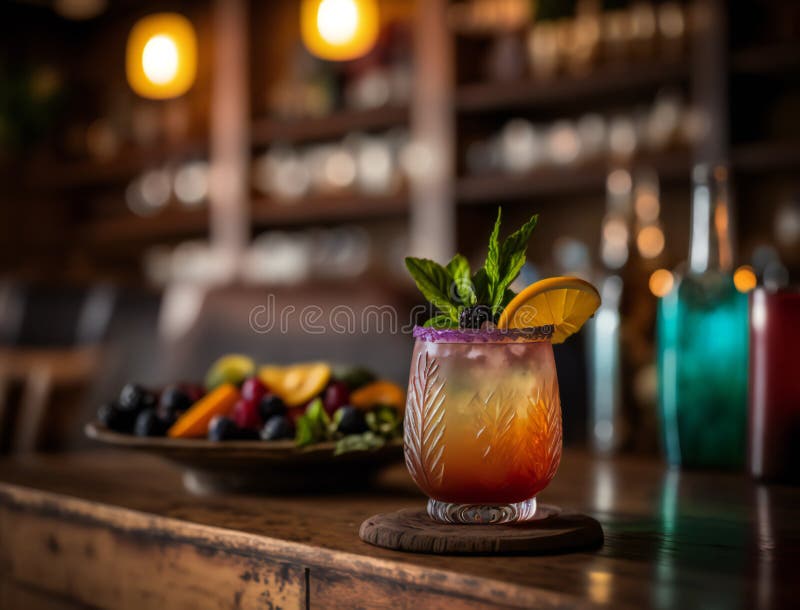 Cocktail on a Rustic Wooden Table in a Bustling Bar, AI Generative ...