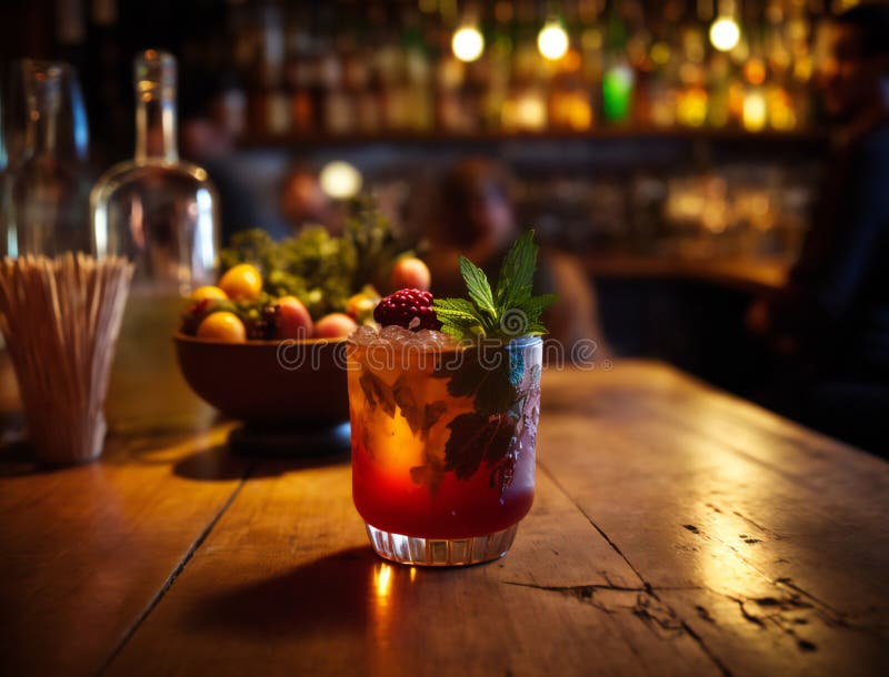 Cocktail on a Rustic Wooden Table in a Bustling Bar, AI Generative ...