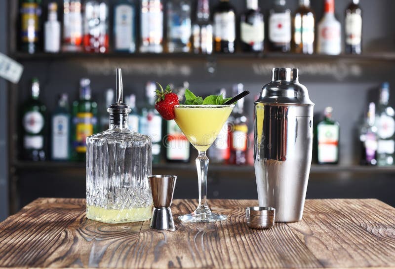 Cocktail shaker on the bar stock photo. Image of nightclub - 109151904