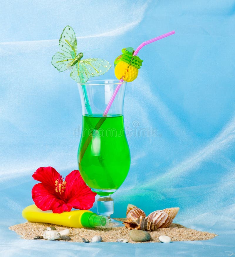 Cocktail with Shells and Red Flower Stock Photo - Image of drink ...