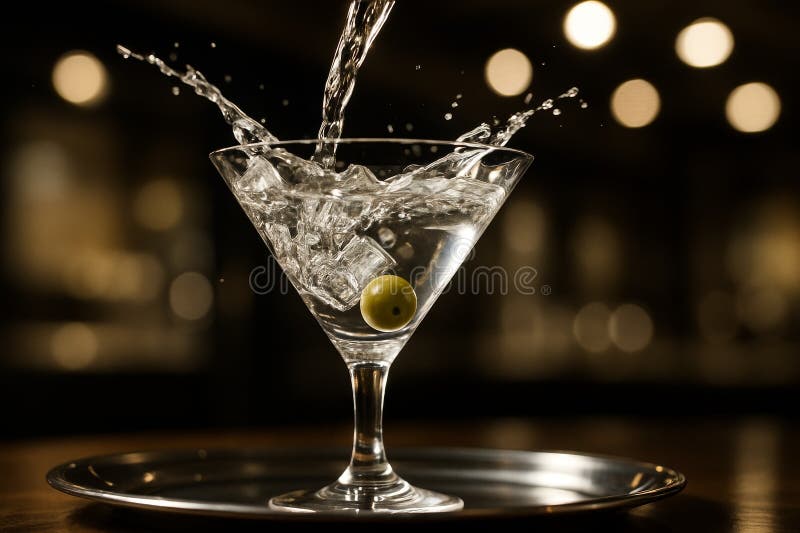 Cocktail Splashing in a Glass with Ice and an Olive on a Silver Tray ...