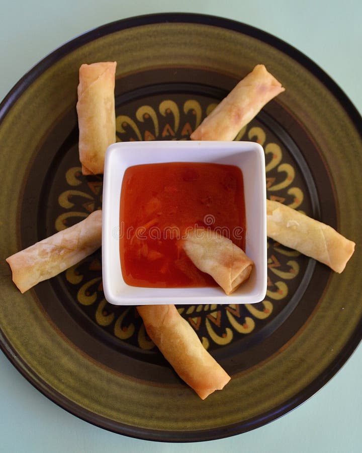 Cocktail Spring Rolls on a Plate with Sweet and Sour Sauce Stock Image ...