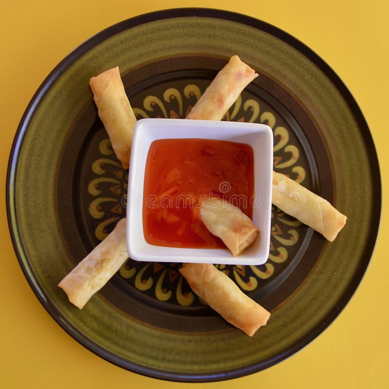 Cocktail Spring Rolls on a Plate with Sweet and Sour Sauce Stock Photo ...