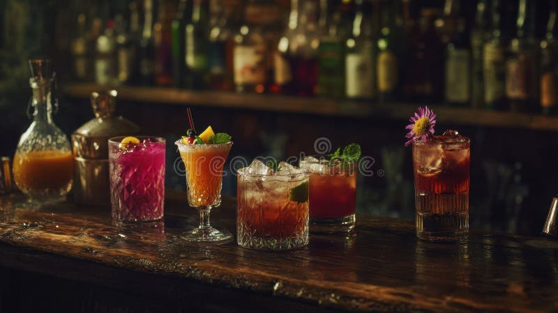 Cocktail Station: Vibrant Drinks and Garnishes on a Rustic Bar Stock ...