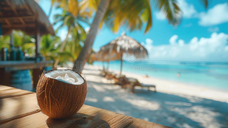 Cocktail with a Straw on the Bar Counter. Beach with White Sand and ...