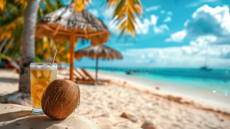 Cocktail with a Straw on the Bar Counter. Beach with White Sand and ...