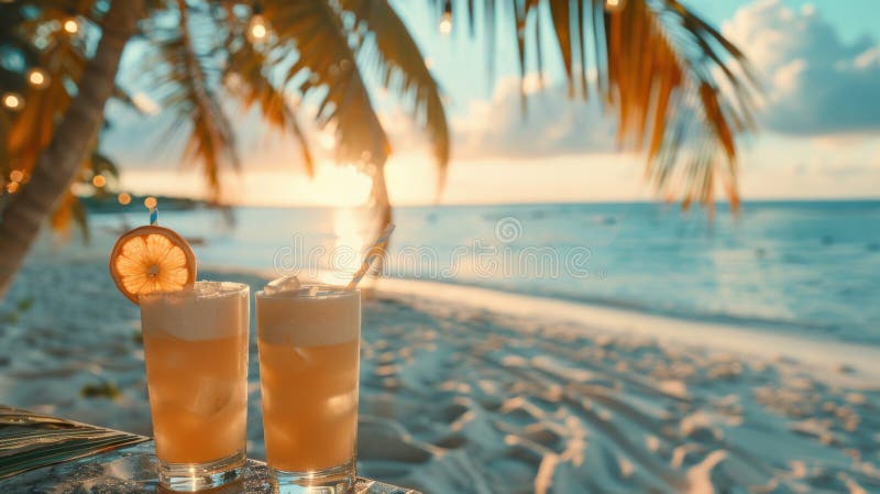 Cocktail with a Straw on the Bar Counter. Beach with White Sand and ...
