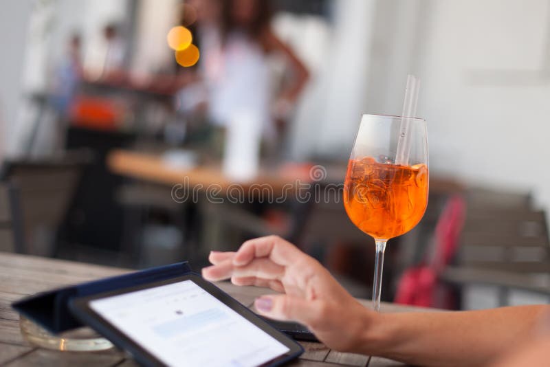 Cocktail and Tablet in Coffee Shop Stock Image - Image of network ...