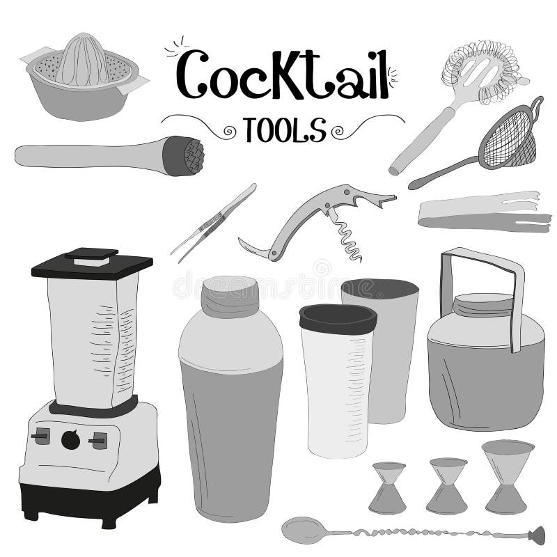 Cocktail Bar Tools and Equipment Sketch Illustration. Hand Drawn Icons ...